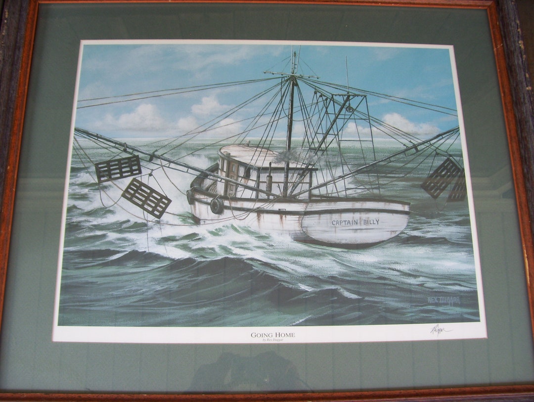 Rex Duggar Going Home Print Signed by Artist Fishing Boat Green Blues ...