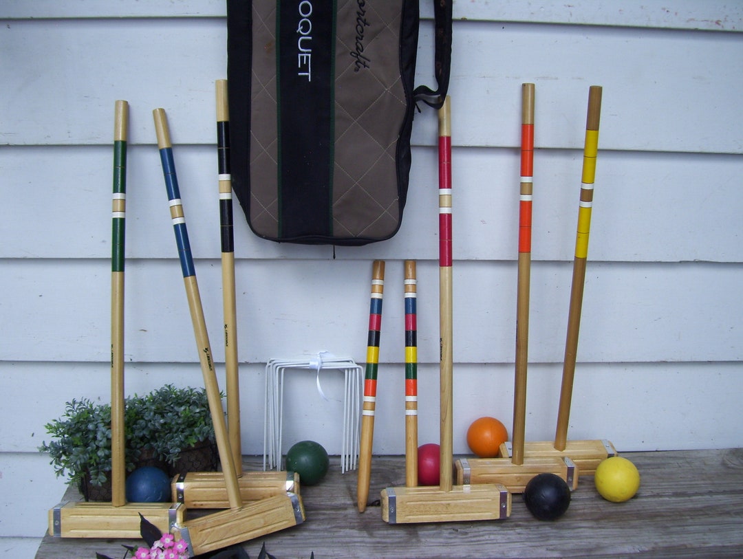 6 Player Sportcraft Wood Croquet Set Square Wooden Mallets Canvas Bag ...