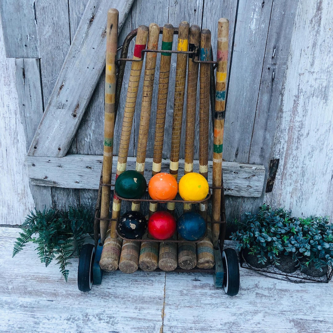 6 Player Croquet Set Lawnplay South Bend Blue Wood Metal Wheel Stand ...
