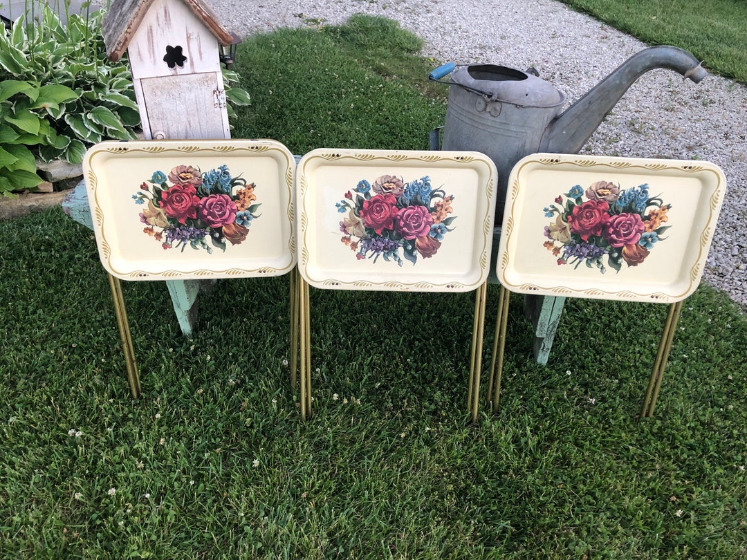 3 Ivory Floral Metal TV Trays Rose Trays With Legs Cottage Chic Folding ...