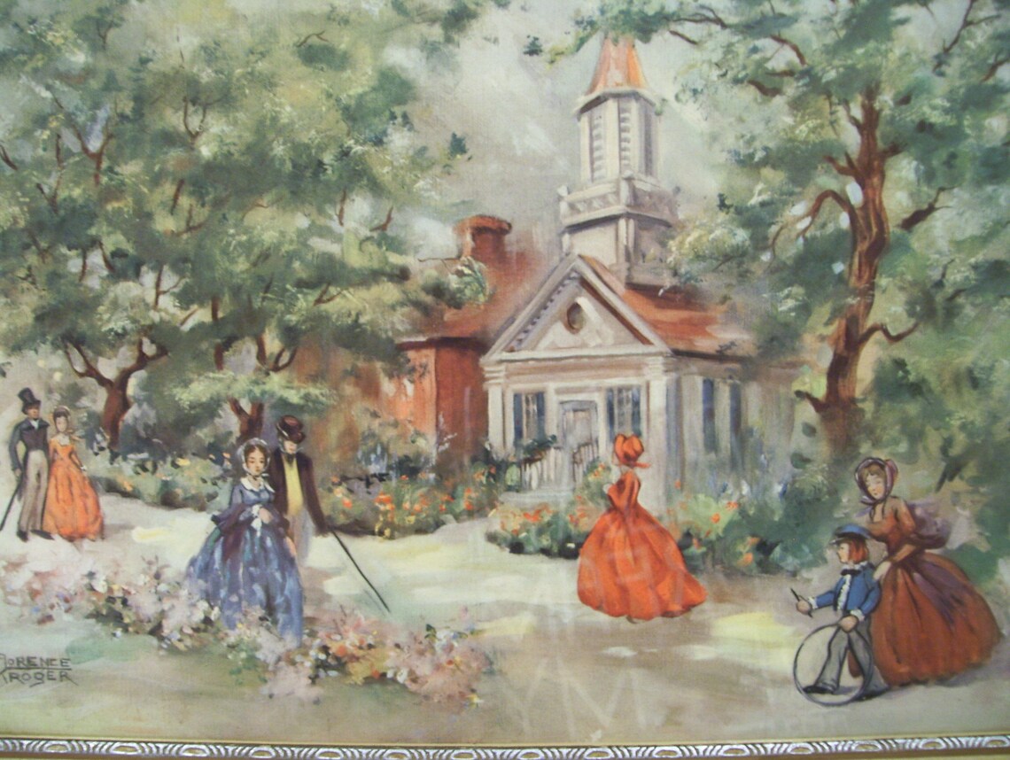 1961 Florence Kroger Victorian Print Strolling Couples Church ...