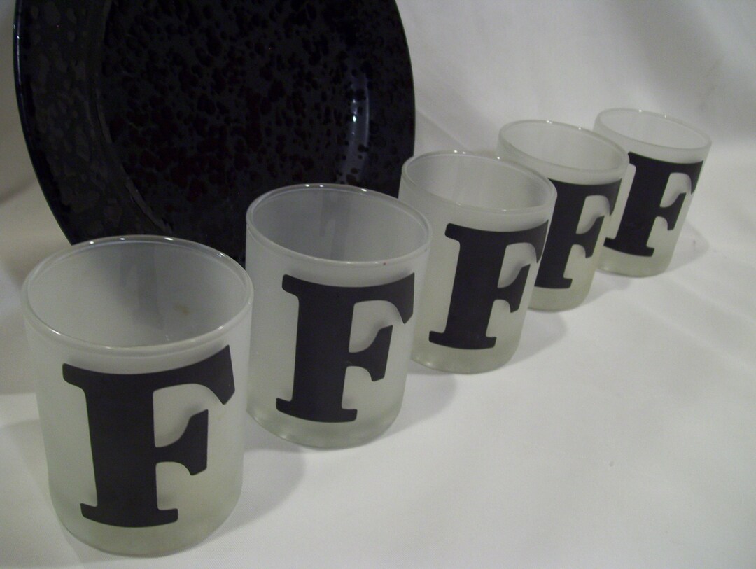 5 Monogram Glassware Initial F Frosted Glass Large Black Letter Rock ...