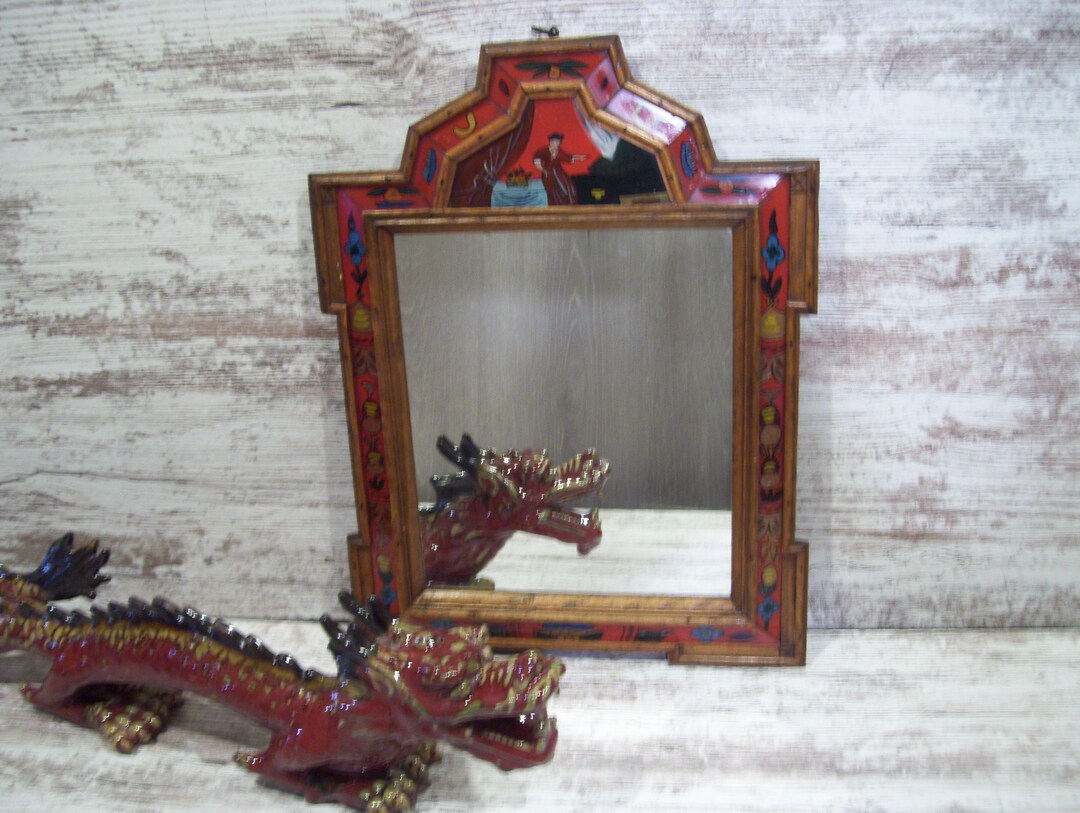 Asian Chinese Mirror Courtship Mirror Red Glass Pieces Wooden Frame ...