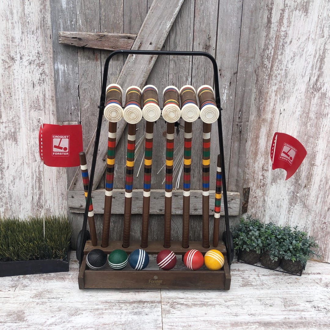 Vintage Forster 6 Player Croquet Wooden Mallets Storage Cart Wood Balls ...