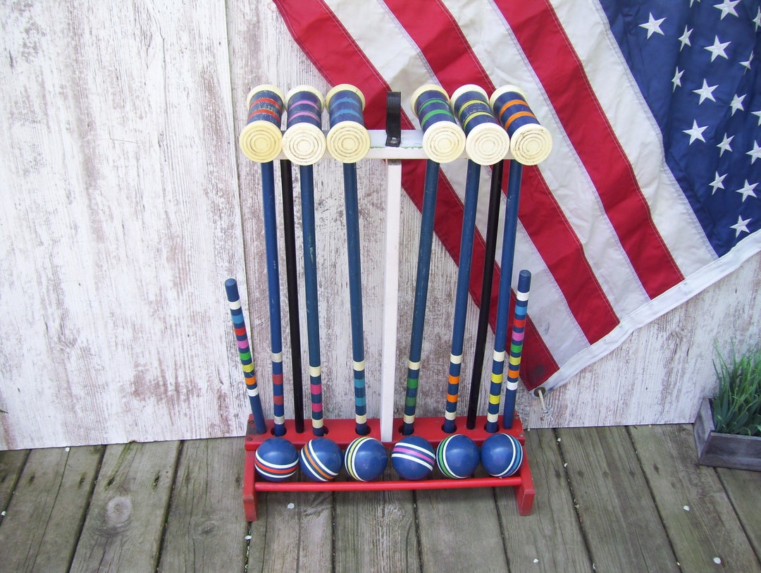 6 Player Croquet Wooden Mallets Storage Cart Americana Unique Blue Wood ...