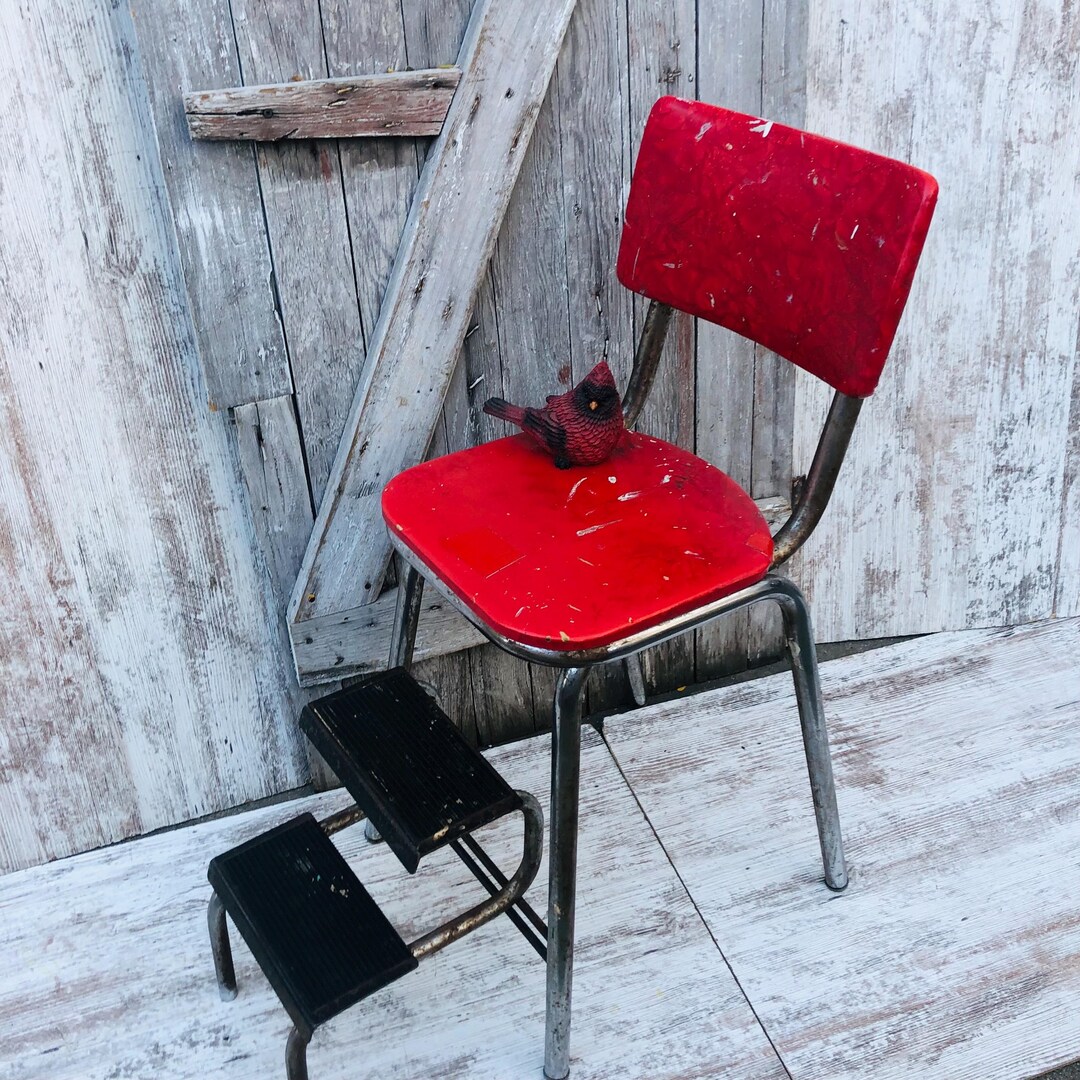 Red Step Stool Cosco Stylaire Chrome Pull Out Steps Farmhouse Primitive ...