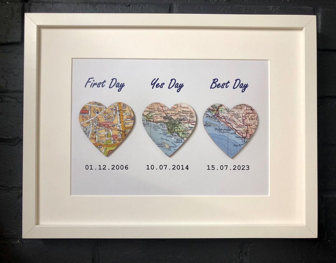Personalised Wedding Anniversary Frame, Milestone Map/locations Hearts ...