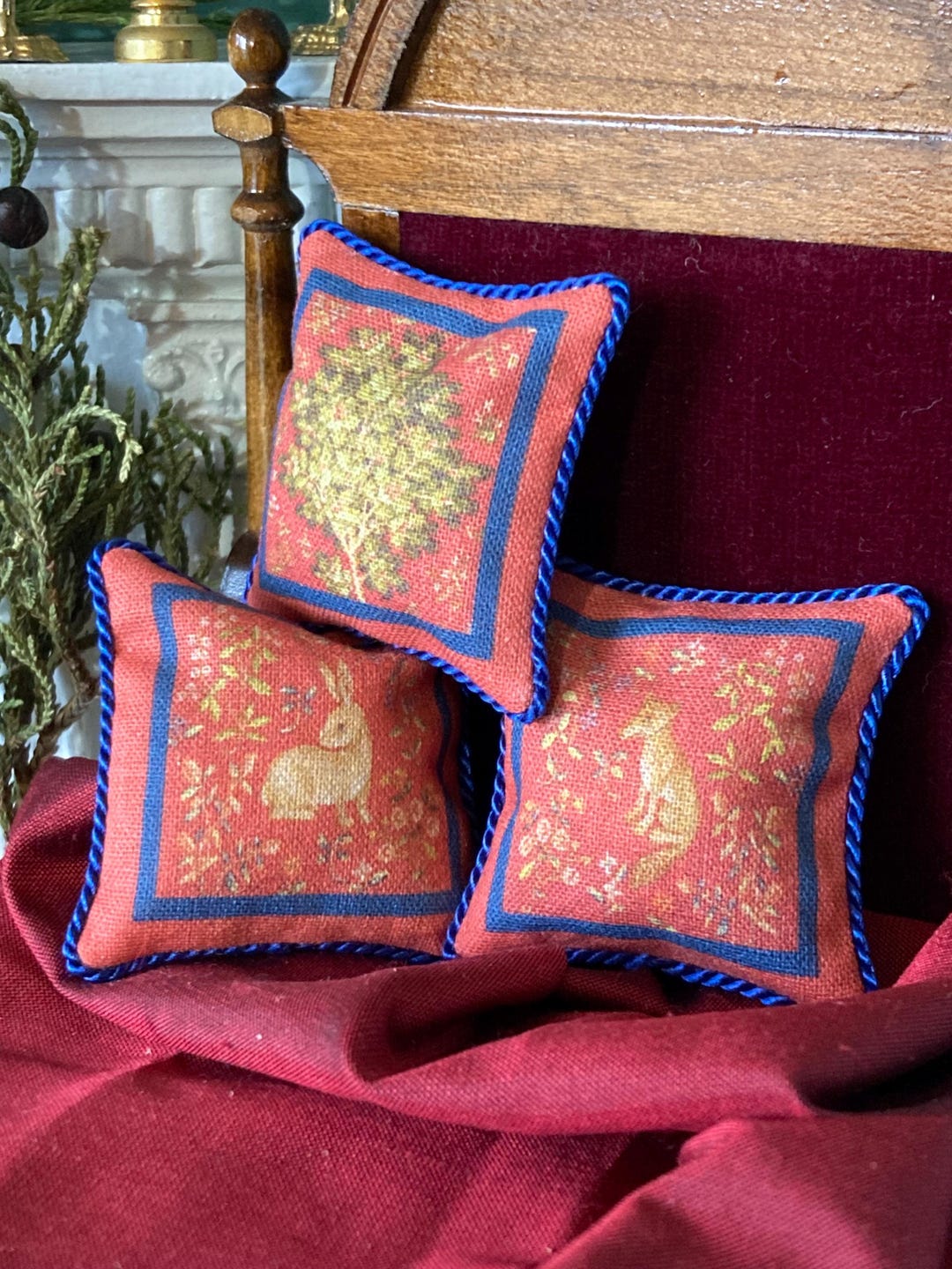 Dollhouse Miniature Red and Blue Tudor Style Square Cushions - Etsy
