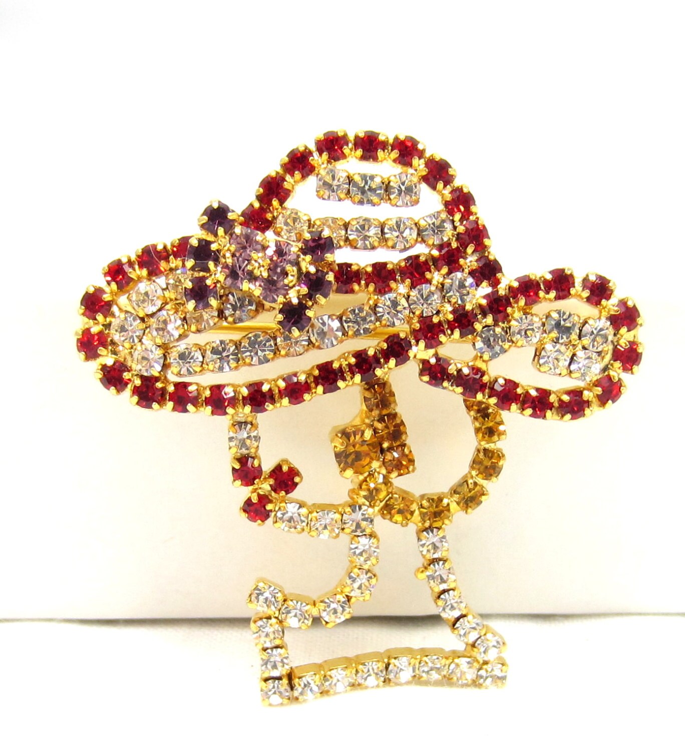 Gold Tone Rhinestone Pin Brooch Red Hat Purple Bow Lady Silhouette Gold ...
