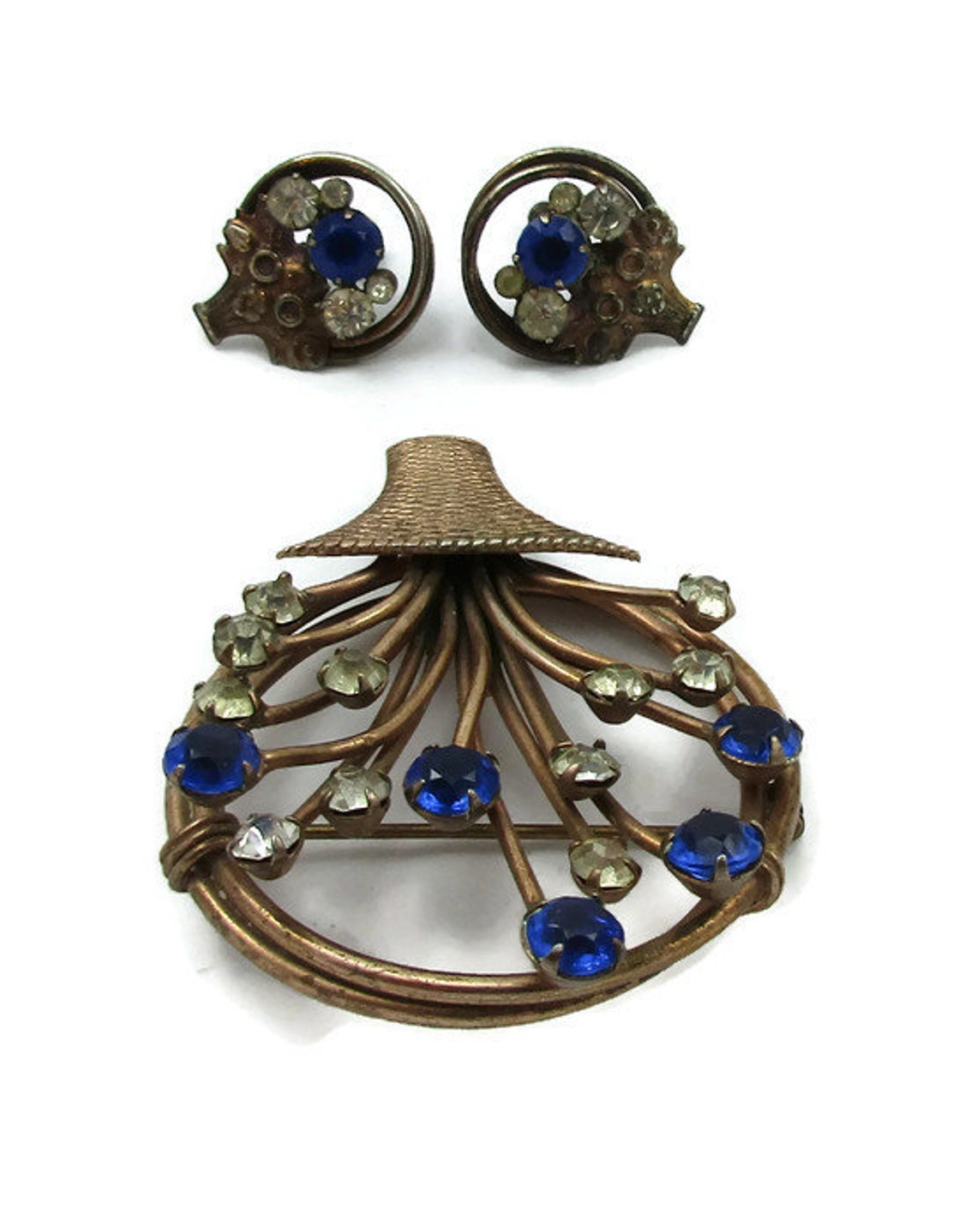 Sterling Gold Vermeil Blue Rhinestone Brooch Earring Set Demi | Etsy