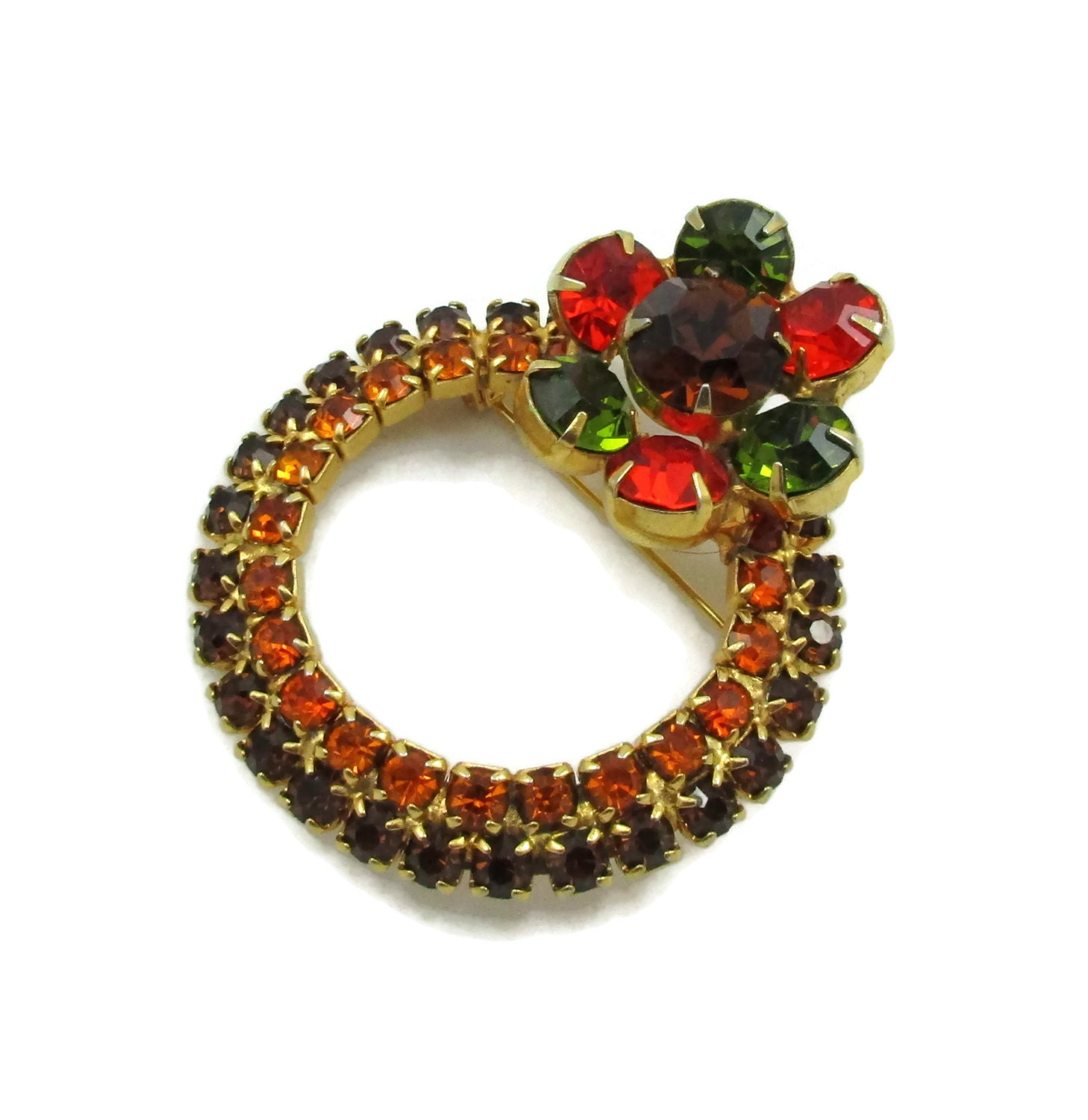 Rhinestone Brooch Pin Orange Green Amber Gold Tone Pin Crystal | Etsy