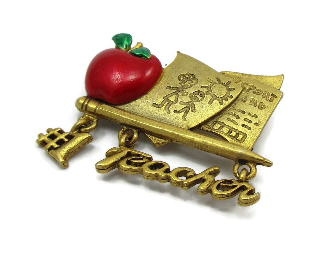 AJC Teachers Gift Teachers #1 Teacher Gold Pin Brooch Red Apple Vintage ...