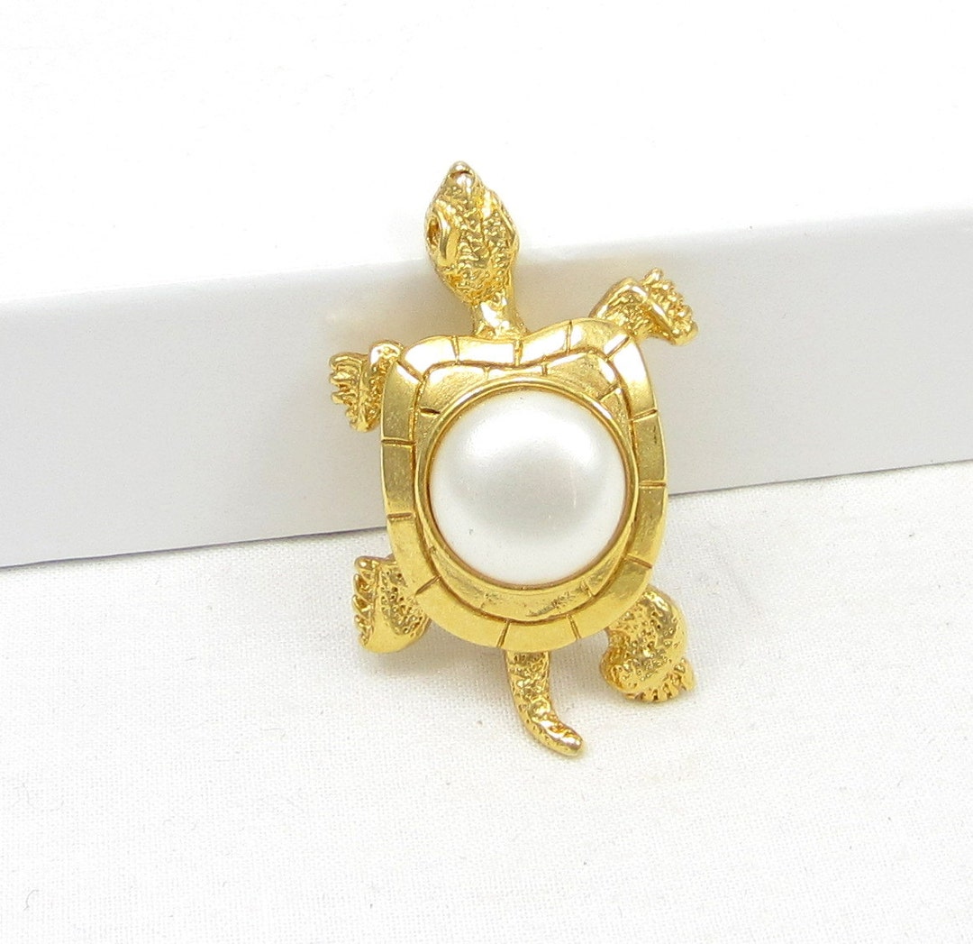 Matte Gold Tone Turtle Pin Faux Pearl Brooch Reptile Theme Jewelry ...
