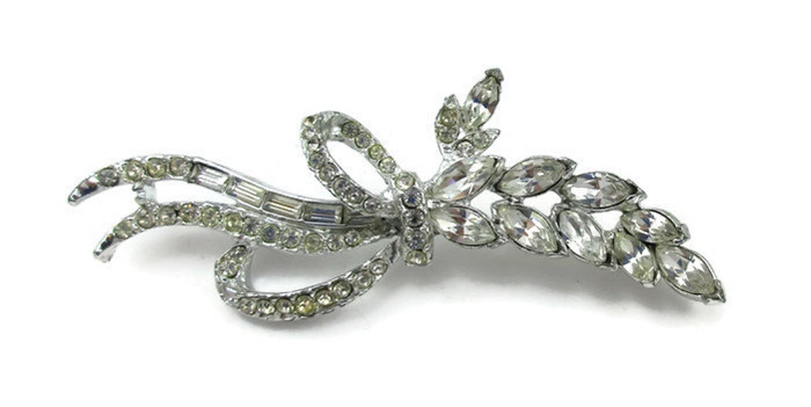 TOP Weiss Large Clear Rhinestone Silver Brooch Signed Floral | Etsy