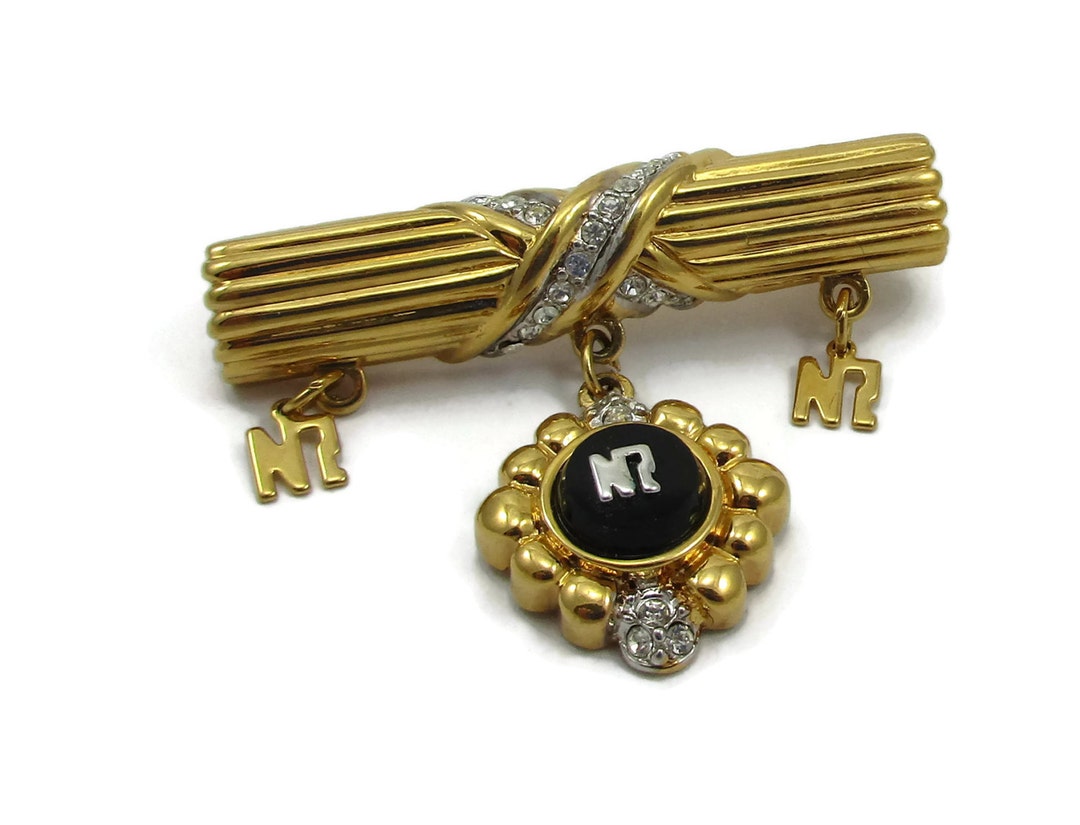 Nina Ricci Gold Tone NR Logo Pin Brooch Dangle Charm Rhinestone Vintage ...