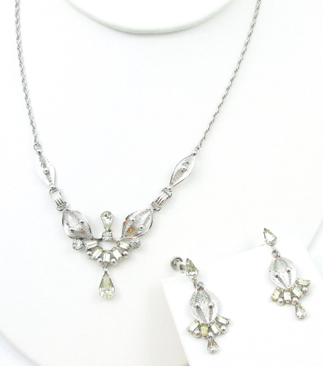 Bojar Sterling Silver and Rhinestone Filigree Necklace Earring Set ...