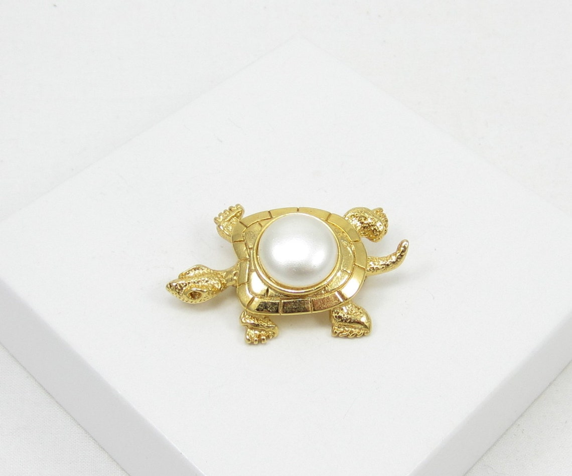 Matte Gold Tone Turtle Pin Faux Pearl Brooch Reptile Theme - Etsy