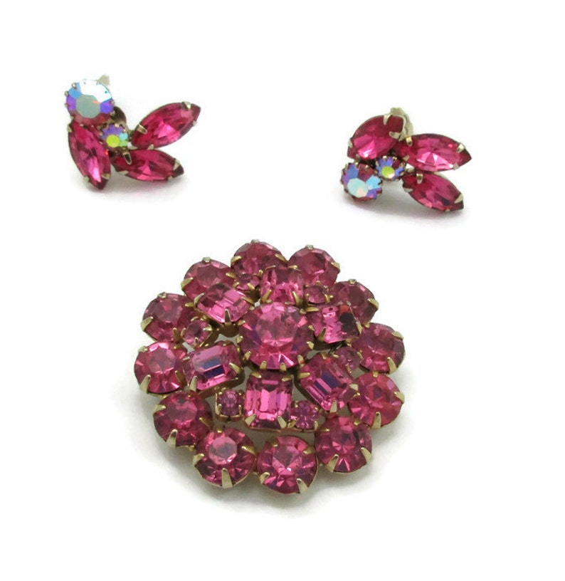 Pink Rhinestone Domed Pin Brooch Matching Rhinestone Clip - Etsy