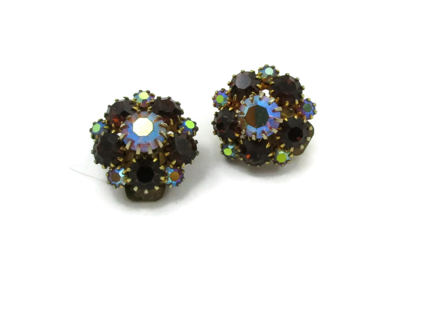Brown Amber Aurora Borealis Gold Tone Clip Earrings Rhinestones Aurora ...