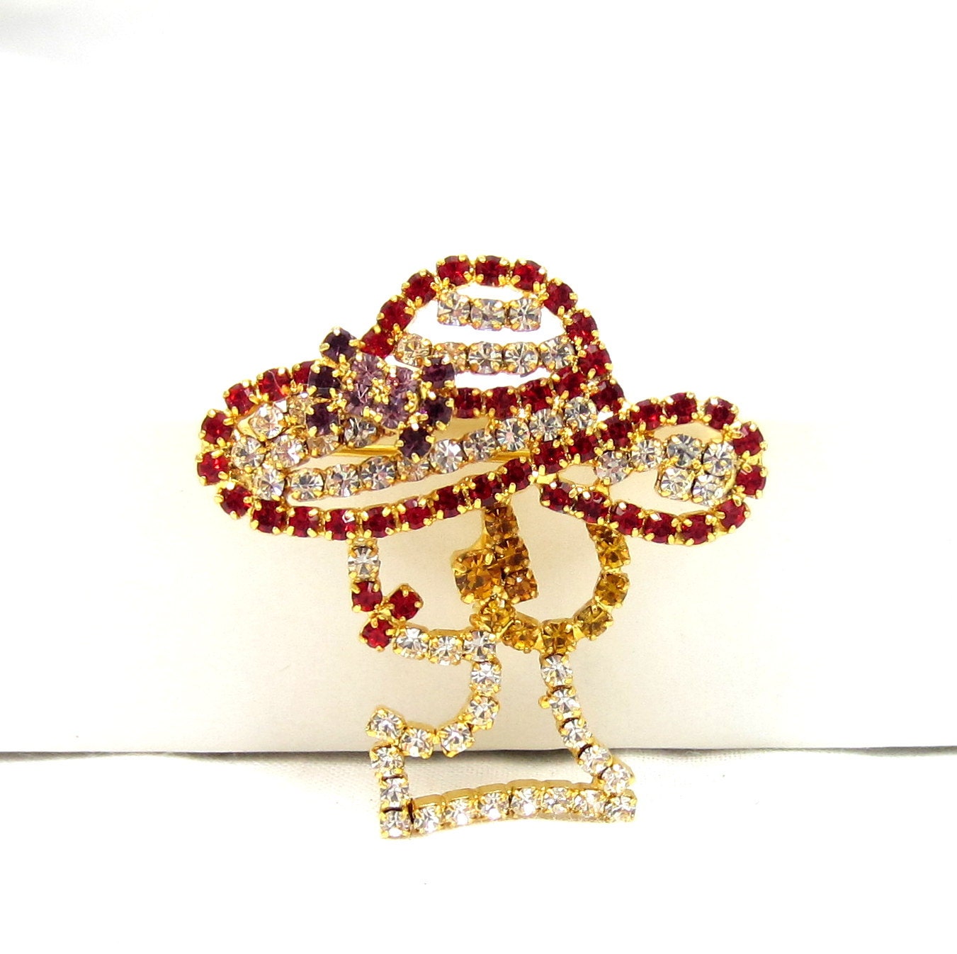 Gold Tone Rhinestone Pin Brooch Red Hat Purple Bow Lady Silhouette Gold ...