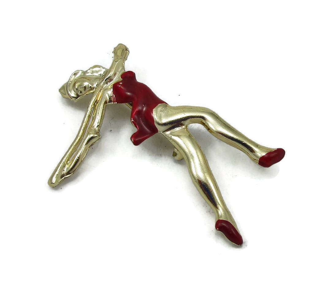 Gold Tone Pin Red Enamel Dancing Lady Brooch Ballet Jewelry Vintage ...
