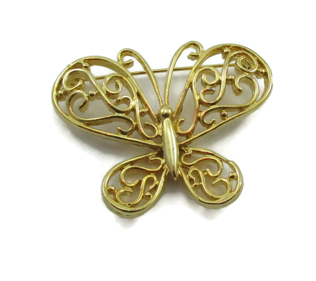 Gold Tone Butterfly Pin Open Work Brooch Gold Filigree Insect Brooch ...