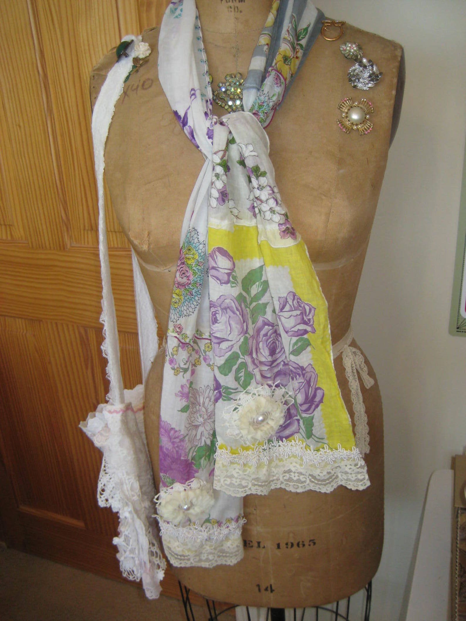 Vintage Hankie Scarf Upcycled Hankie Scarf Embellished - Etsy