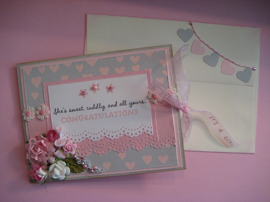 Baby Girl Congratulations Card: Pink & Gray 'W' Fold - Etsy