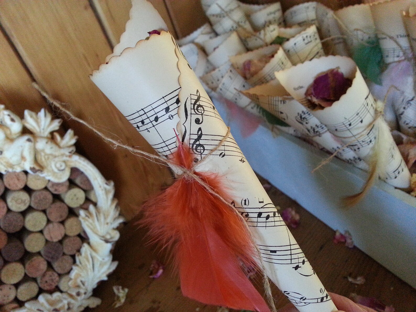 Vintage Music Notes Confetti Cones: Wedding Toss With Feathers ...