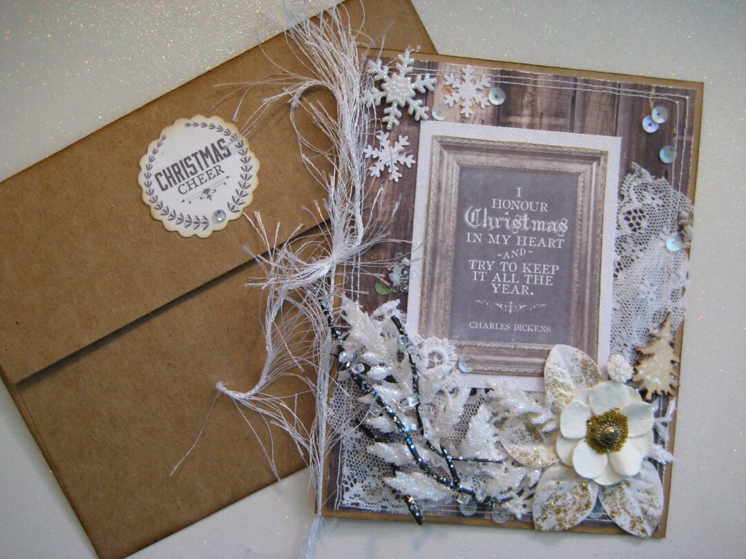 Handmade Rustic Christmas Card, Wood and Lace, White on Brown, Vintage ...