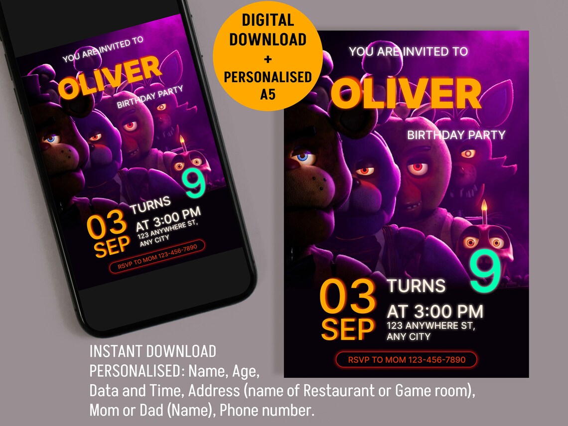 Five Nights at Freddy's FNAF DIGITAL DIY Template Invitation Invite ...