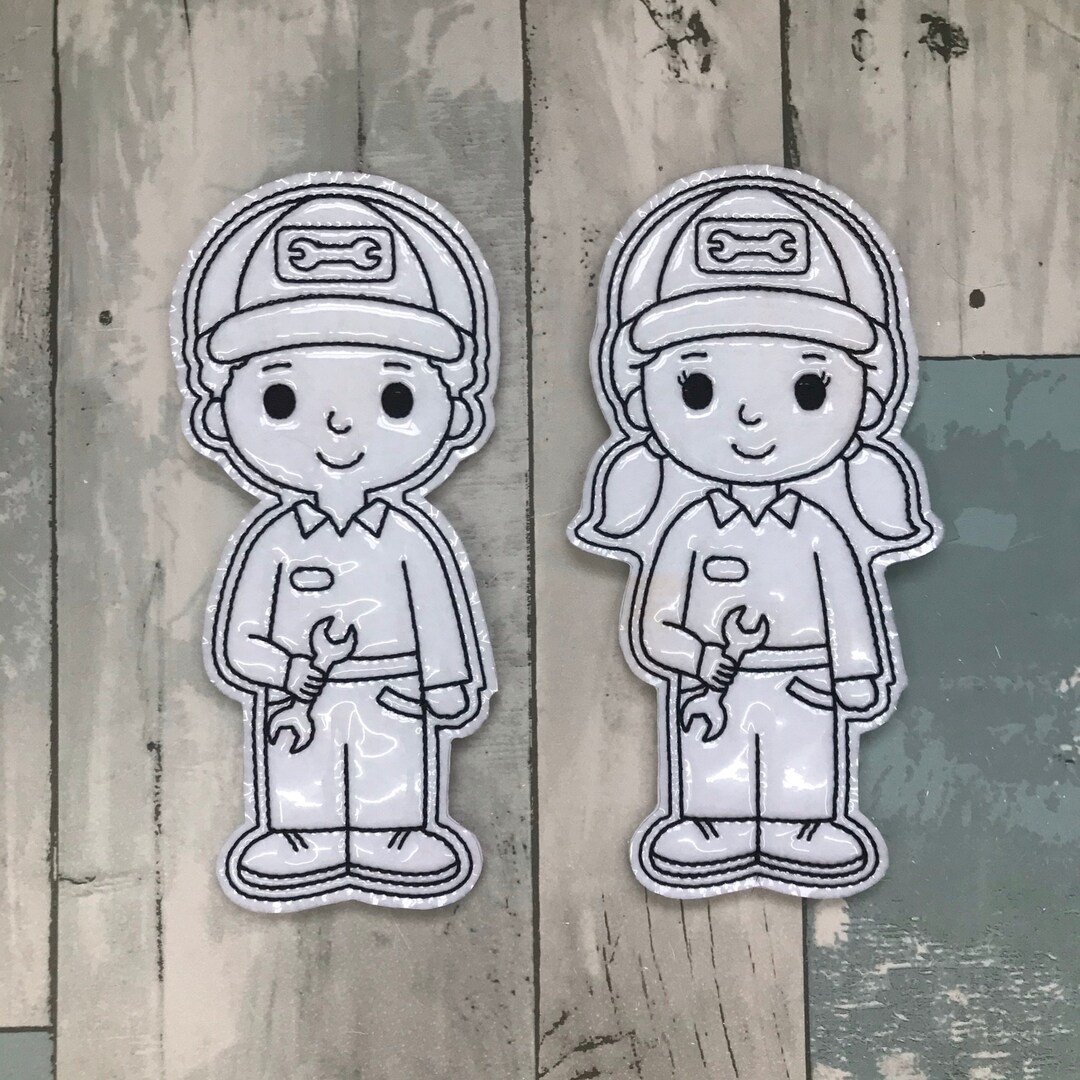 Mechanic 2 Colouring Dolls, Reusable, Washable, Green, Children ...