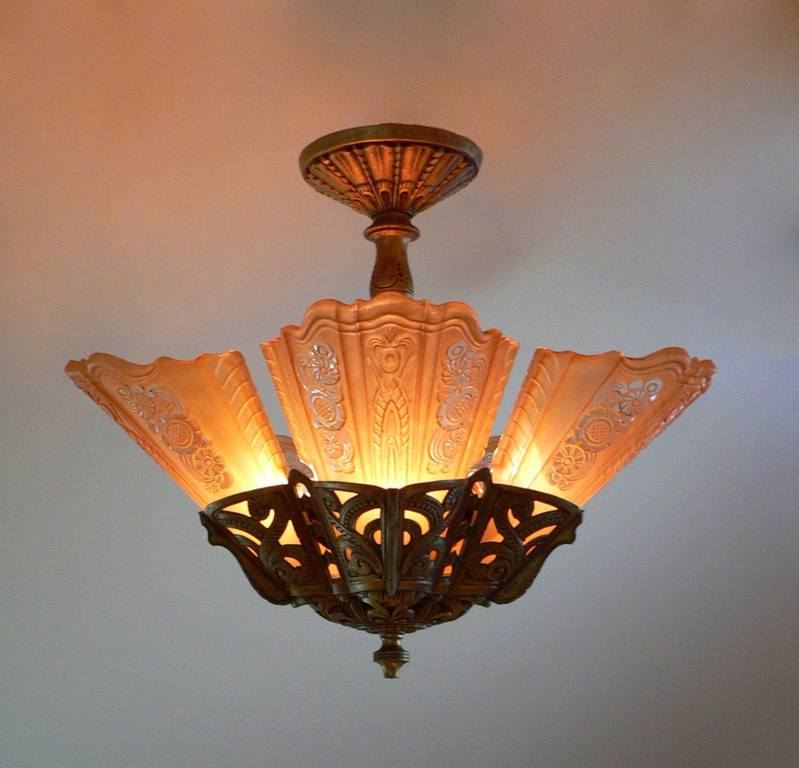 Antique Slip Shade Lightolier Flush Mount Chandelier With Original ...