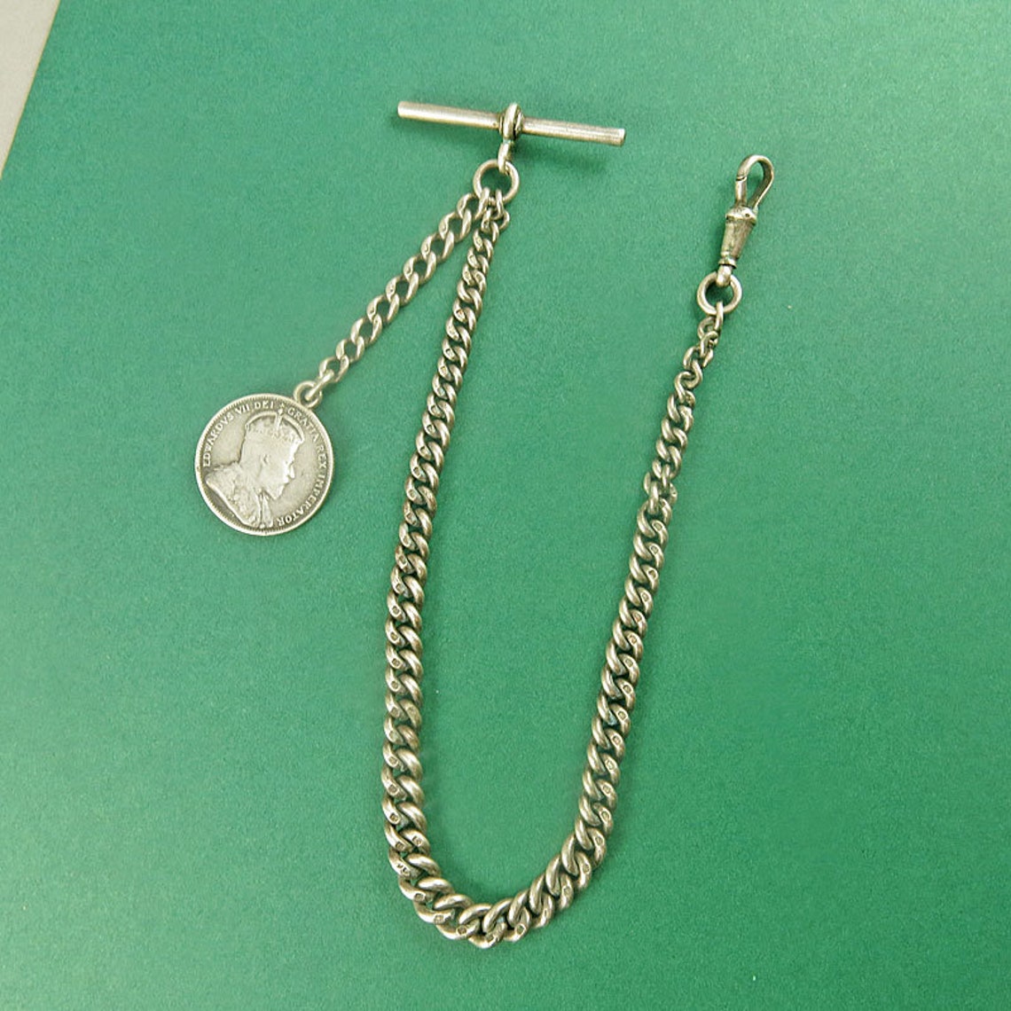 Antique Sterling Watch Chain With 1910 Sterling Coin Watch Fob Pendant ...