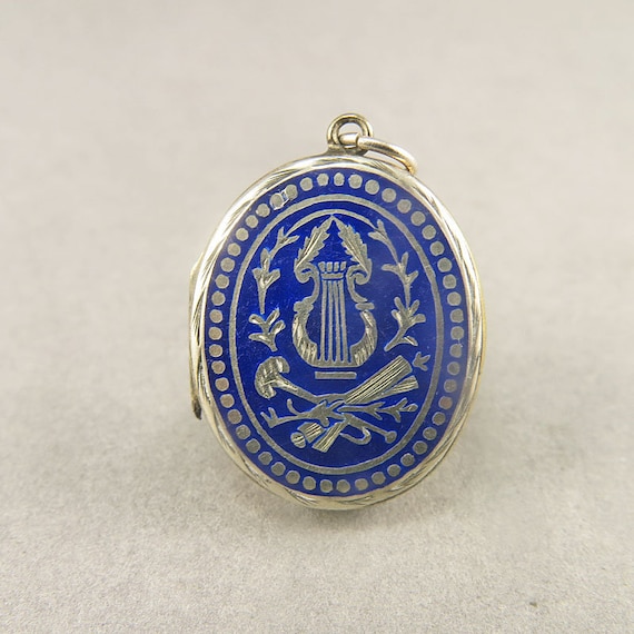 Victorian Antique Silver Locket Pendant Blue Enamel L… - Gem