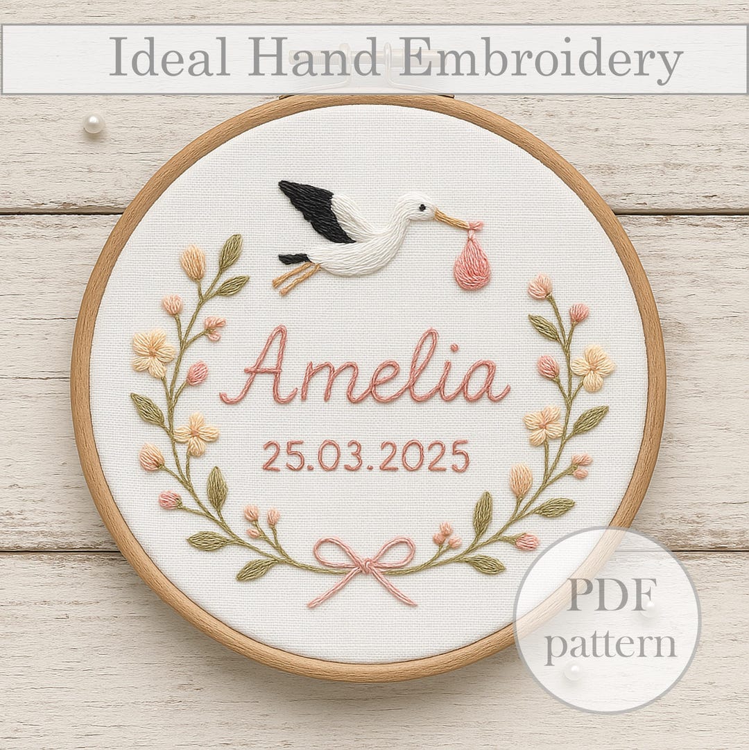 Personalized Stork Birth Embroidery Pattern – Custom Baby Name Hoop ...