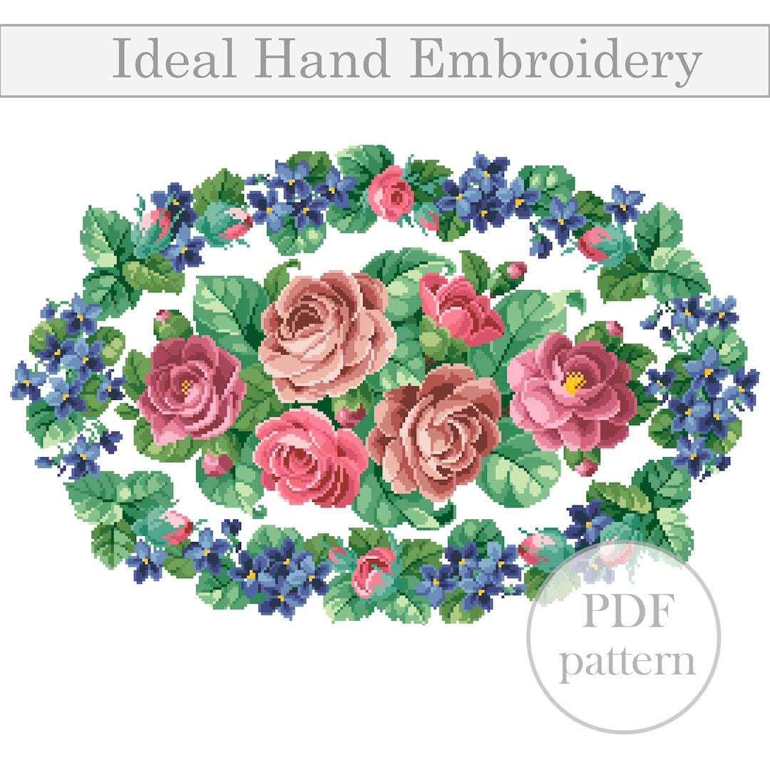 Oval Rose Wreath Cross Stitch Pattern | Vintage Floral Frame PDF | Pink ...