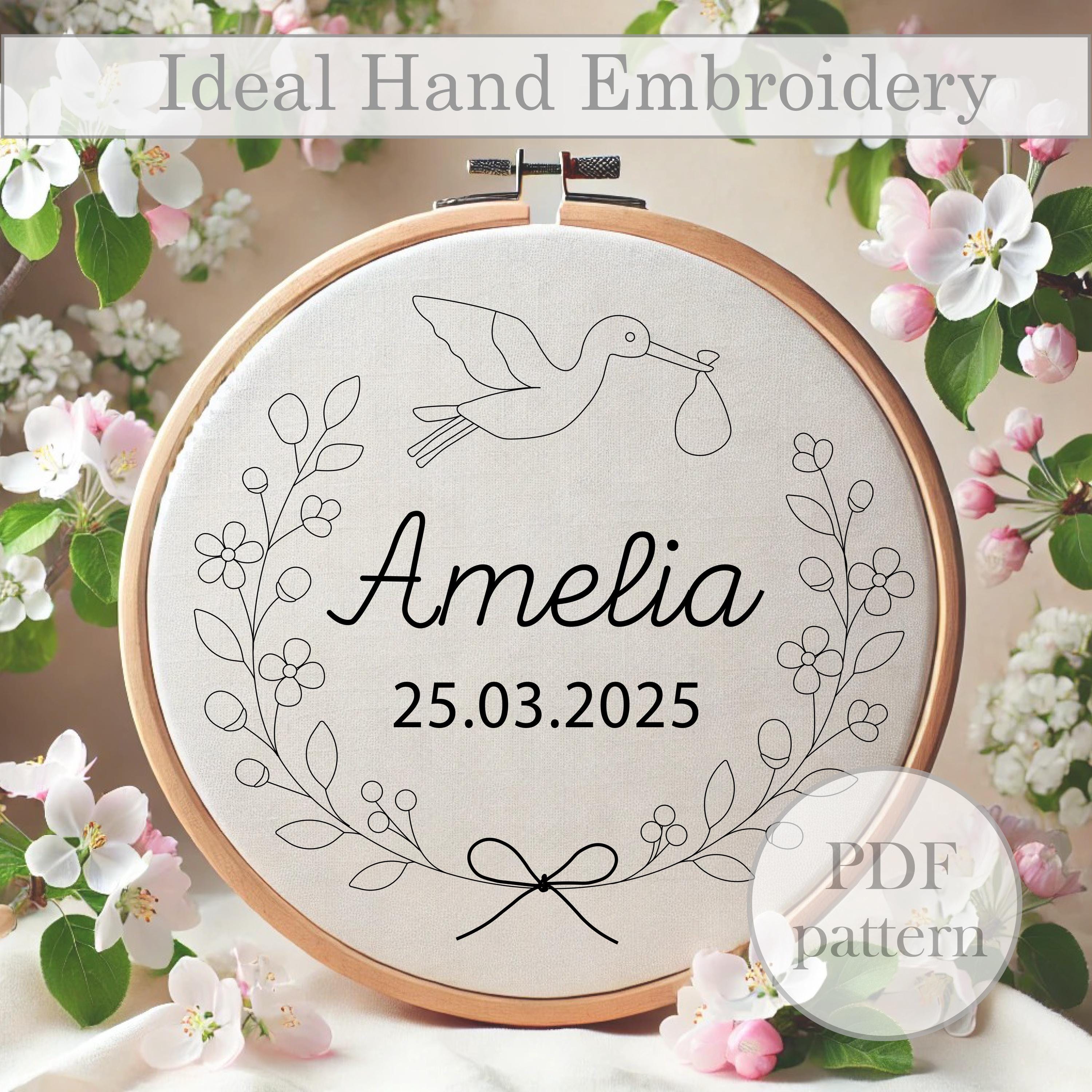 Personalized Stork Birth Embroidery Pattern – Custom Baby Name Hoop ...