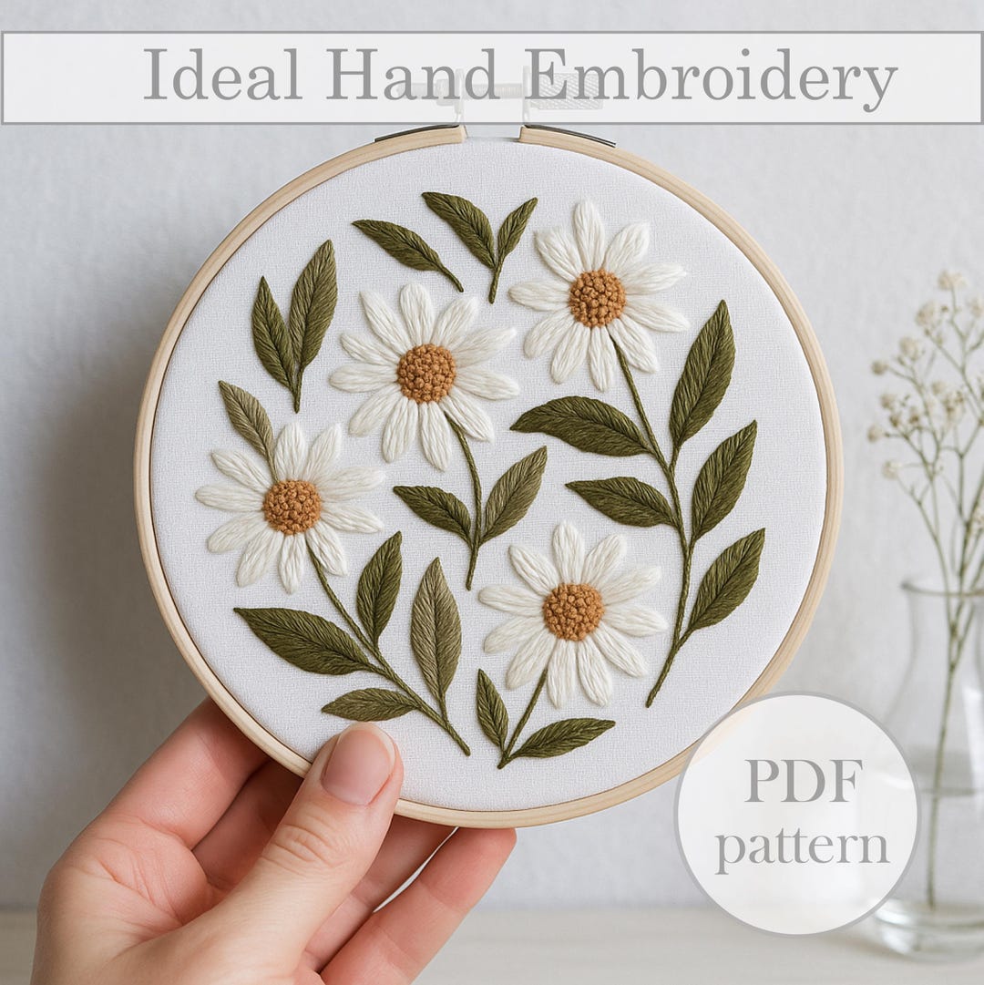 Daisy Embroidery Pattern PDF – Hand Embroidery Design With Leaves ...