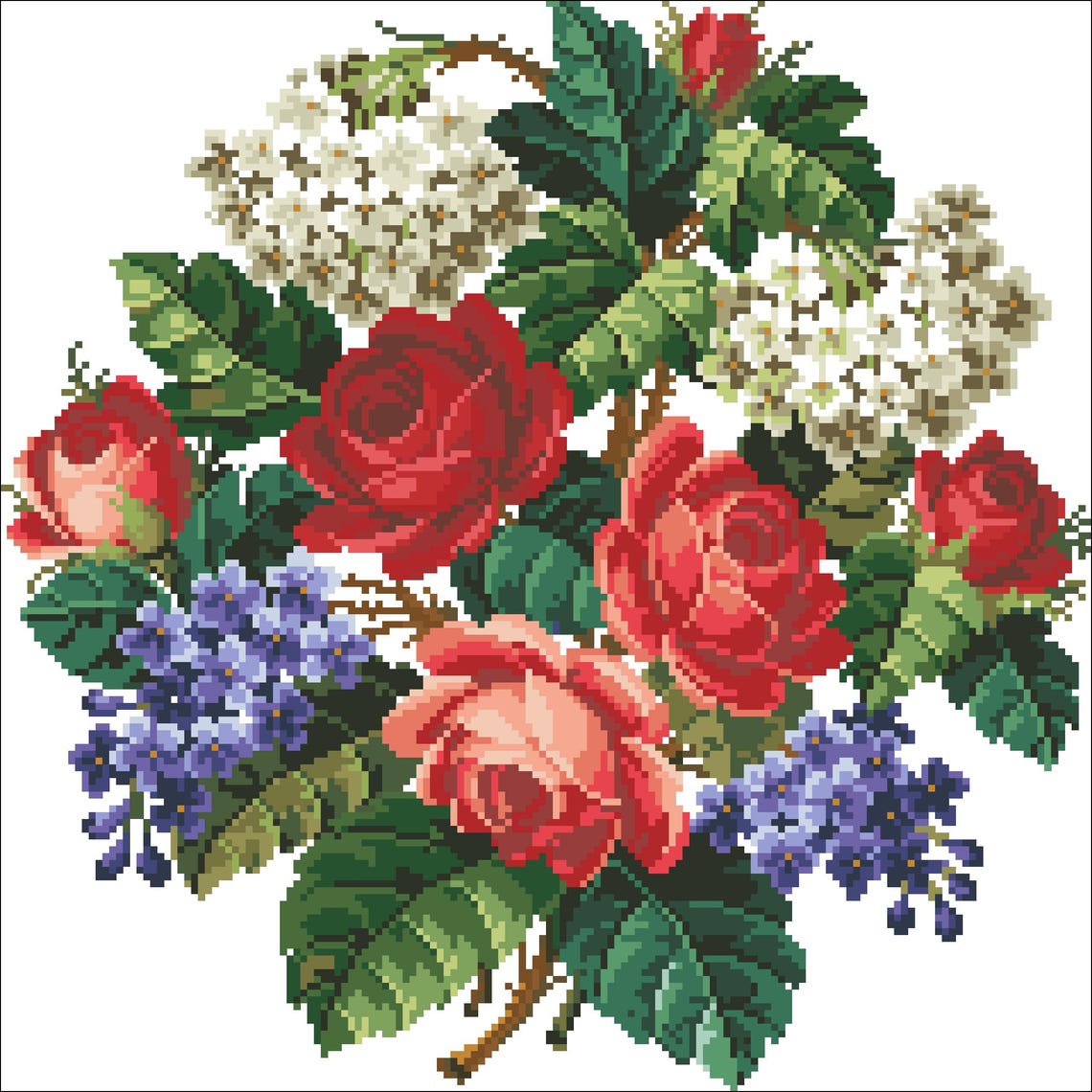 Red Roses and Lilacs Cross Stitch Pattern | Vintage Floral Embroidery ...