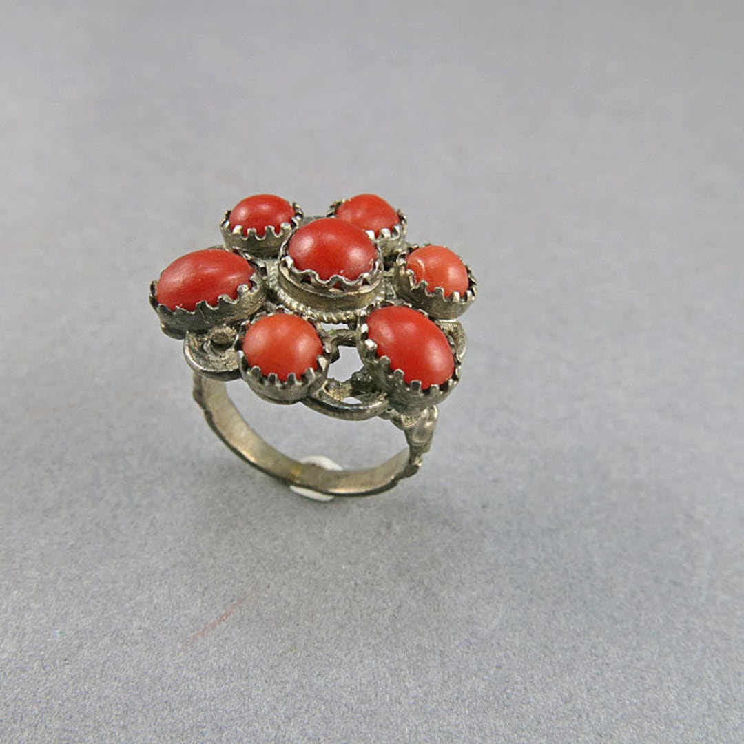 Vintage Coral Ring Red Coral Beads 800 Silver Ring Mediterranean Coral ...