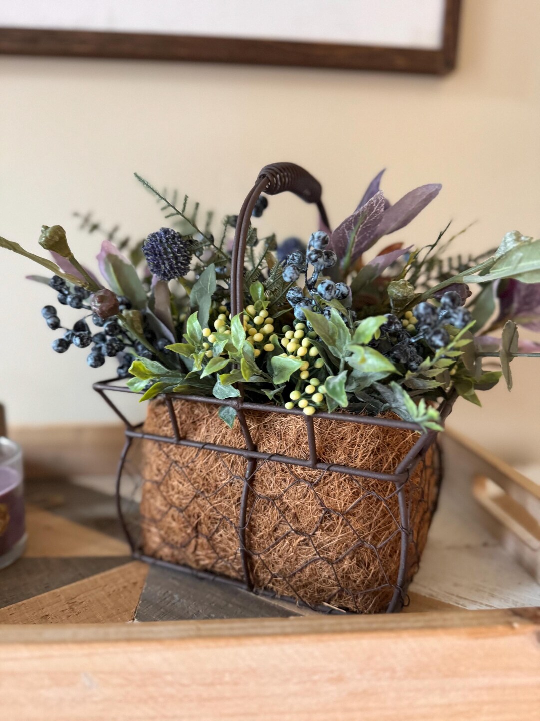 Spring Floral Basket for Table, Farmhouse Arrangement, Blueberry ...