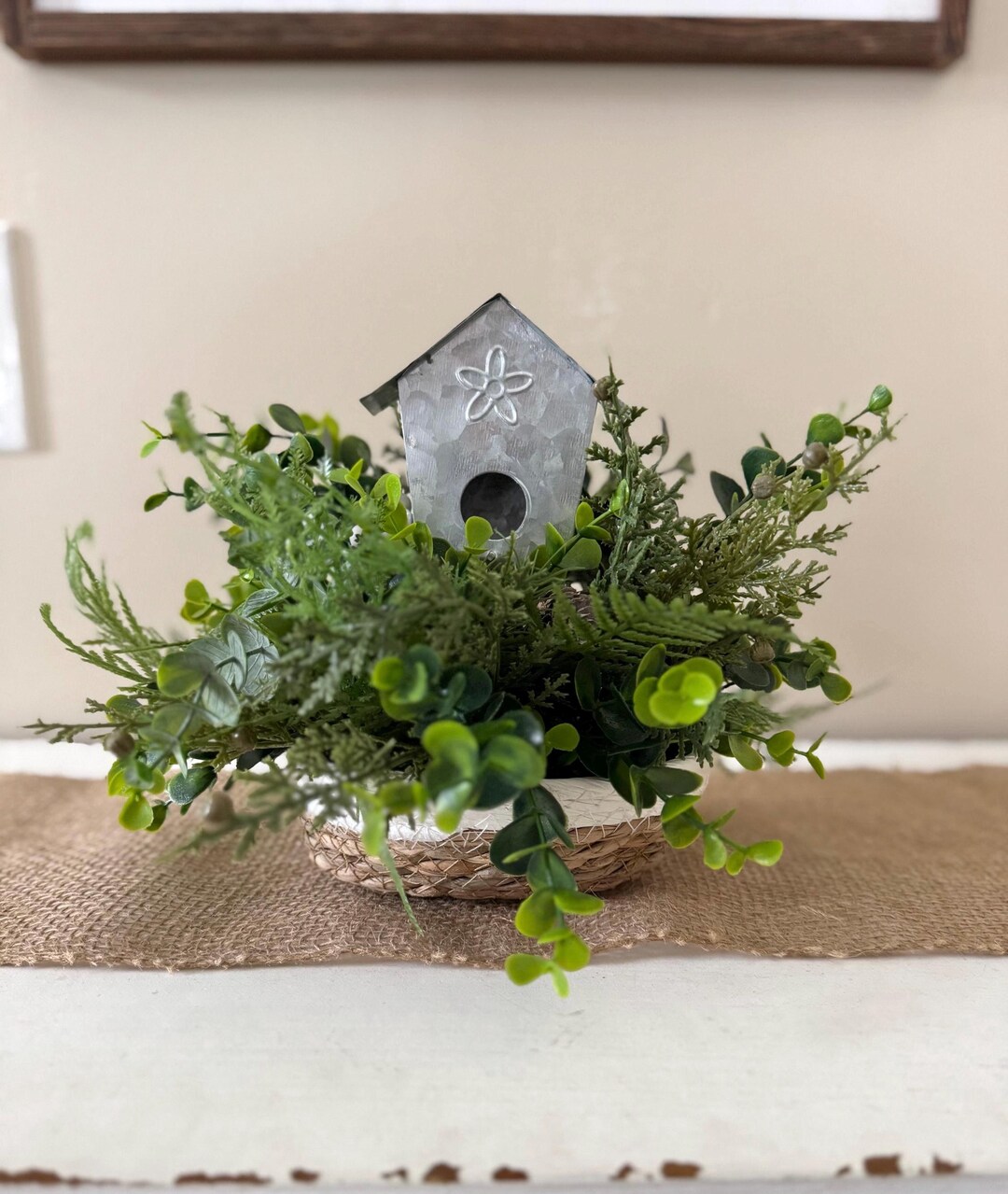 Year Round Greenery Basket for Table, Birdhouse Arrangement, Birdhouse ...
