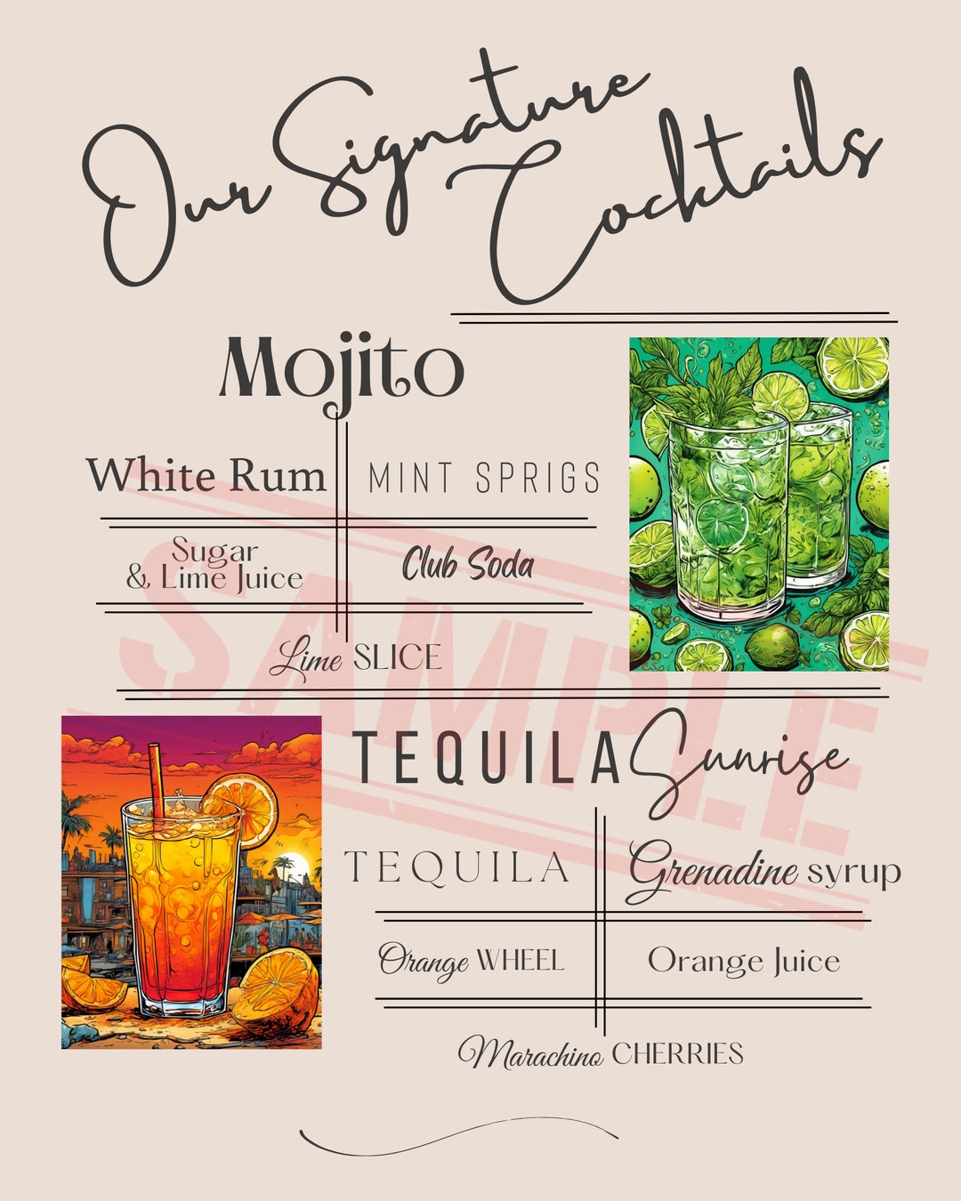 Fun Cocktail Wall Art Digital Download - Signature Cocktails - Mojito ...