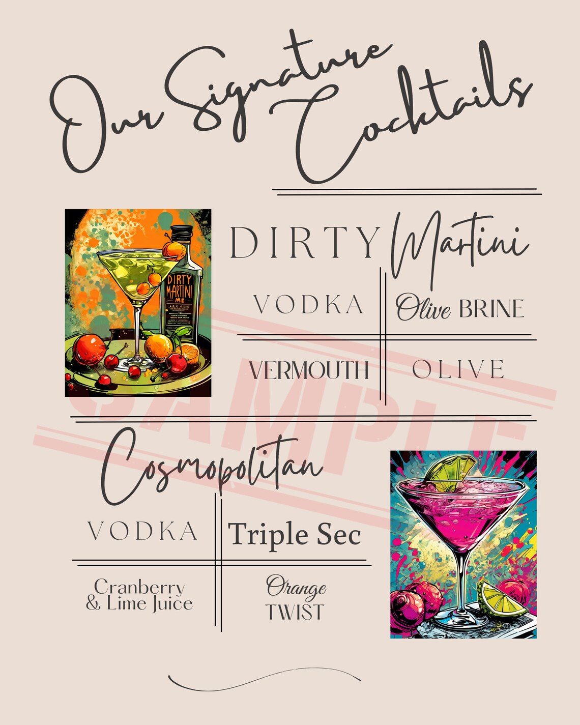 Fun Cocktail Wall Art Digital Download - Signature Cocktails - Dirty ...