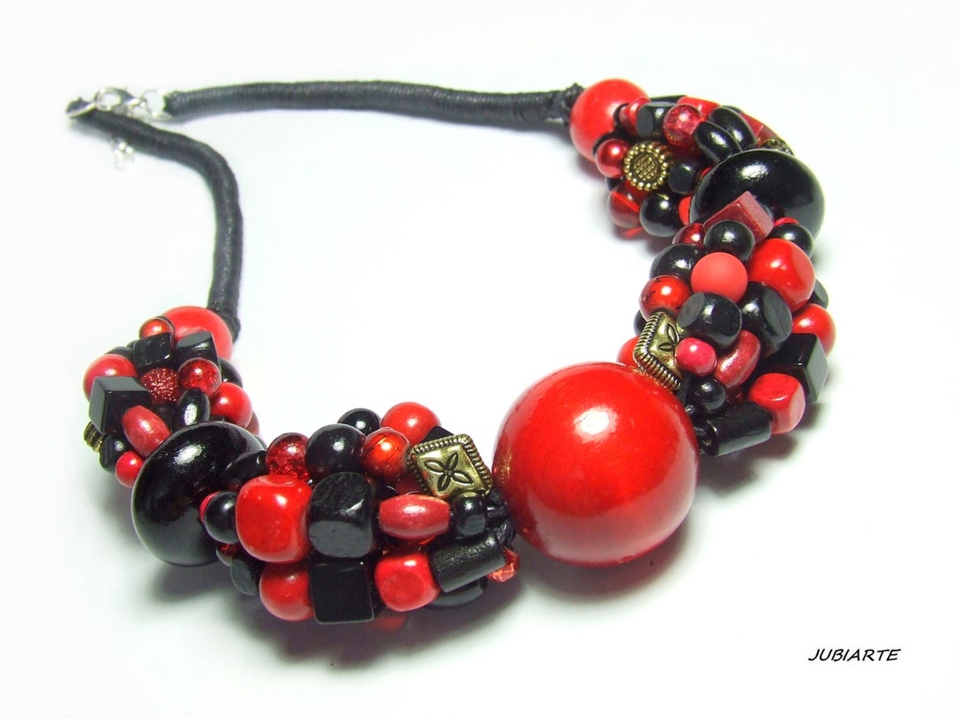 Red & Black Necklace, Statement Necklace, Beaded Necklace, Wooden ...