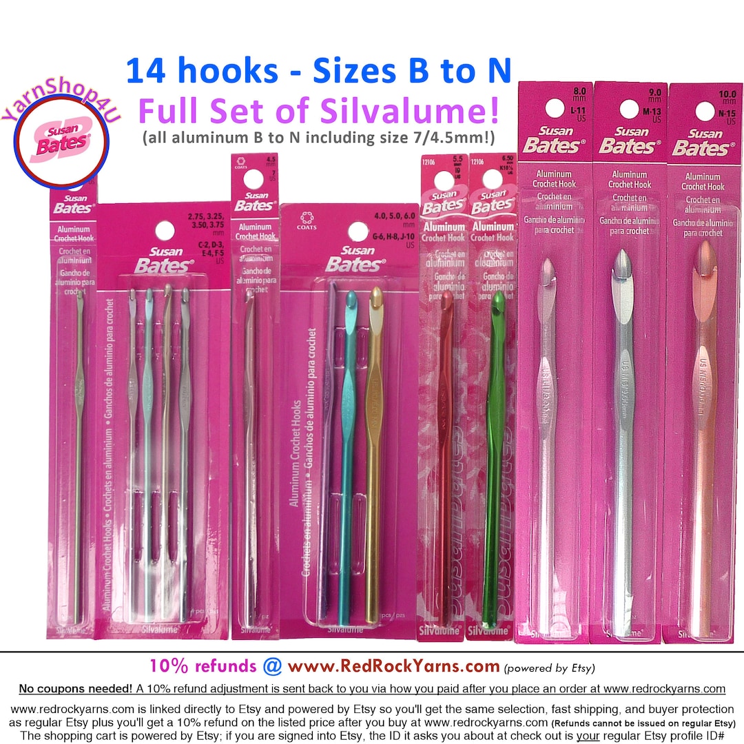 14pc Susan Bates Silvalume Crochet Hooks in Sizes B to N. A Complete ...