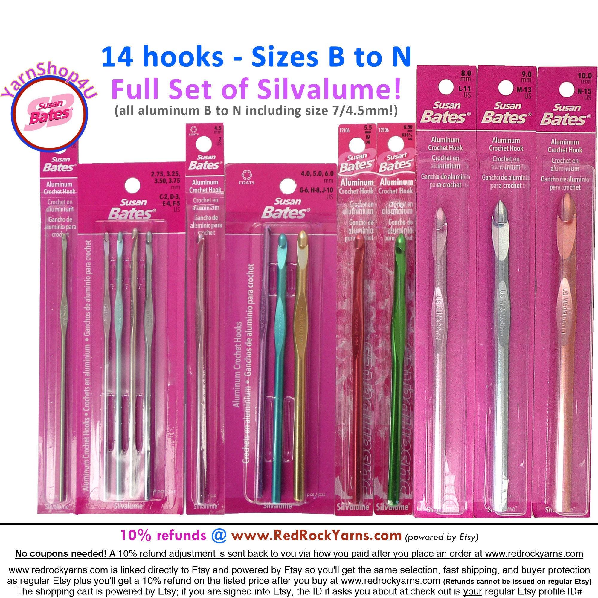 14pc Susan Bates Silvalume Crochet hooks in sizes B to N. A complete ...