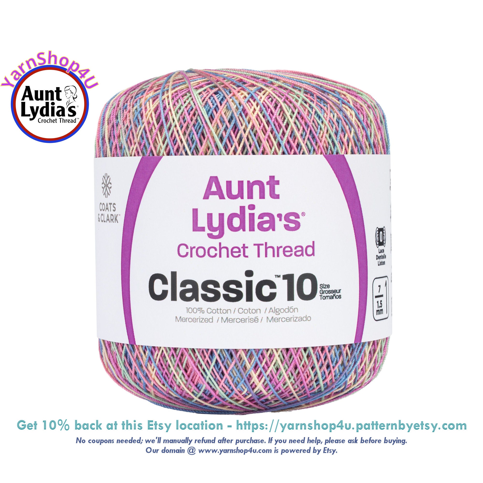 PASTELS VARIEGATED - Aunt Lydia's Classic 10 Crochet Thread. 300yds ...