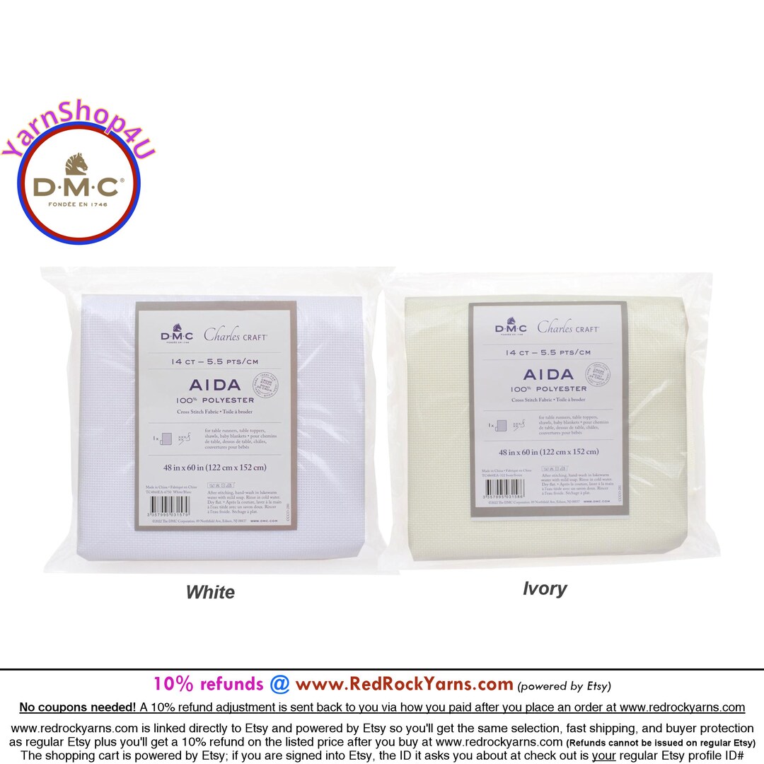 DMC 14 Count Aida Cross Stitch Fabric in IVORY or WHITE. 100% Polyester ...